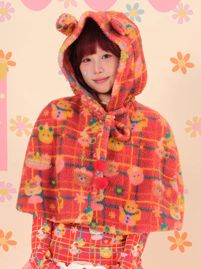 Kawaii Bear Ear Fleece Cape with Hood - NIKKOU | Land Decora