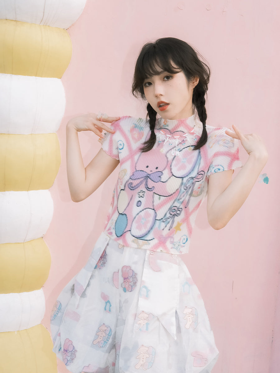 Girly Rabbit Phone Pleated Top - Meugler | Land Decora