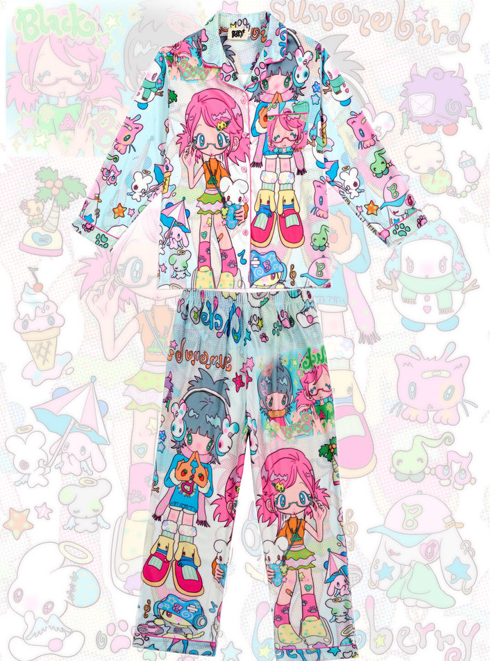 Kawaii Cartoon Pajama Set - BlackBerry | Land Decora