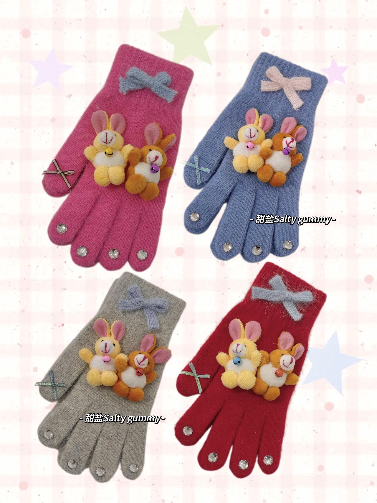 Decora Kei Plush Bear Bow Gloves Touchscreen Fuzzy Winter - Salty Gummy ...
