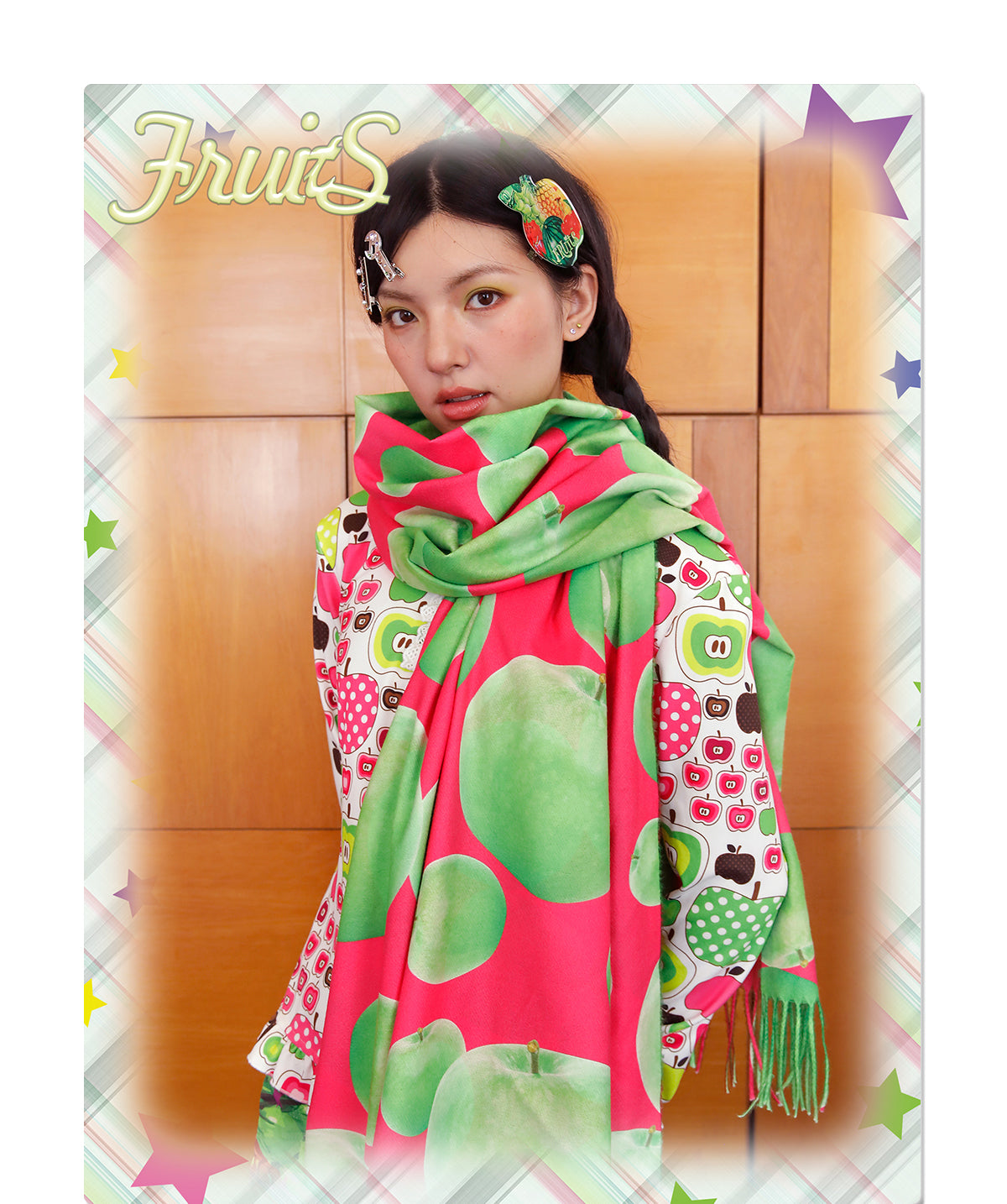 Kawaii Green Apple Print Fringe Scarf - FRUITS | Land Decora