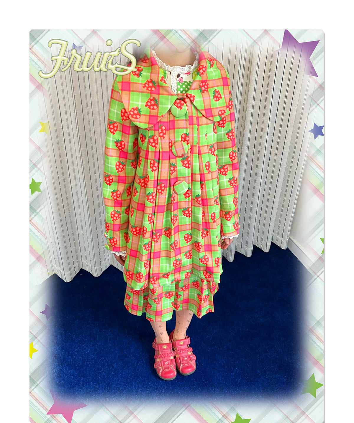 Kawaii Strawberry Plaid Pleated Wool Coat - FRUITS | Land Decora