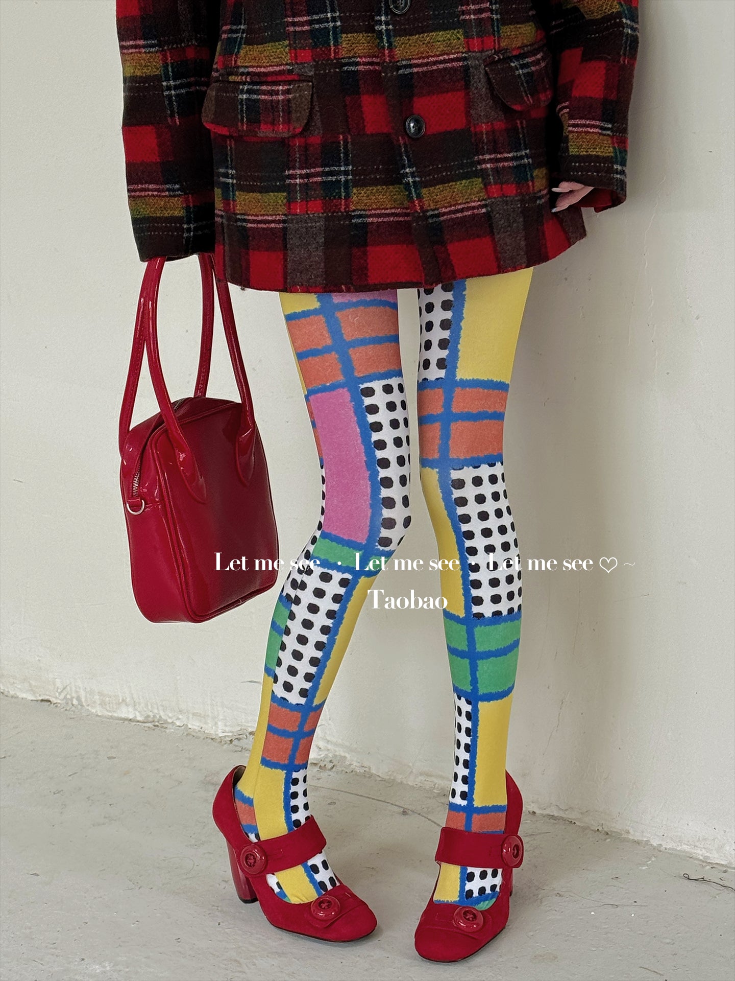 Y2K Velvet Tights Colorblock Plaid Print Chic - LET ME SEE | Land Decora