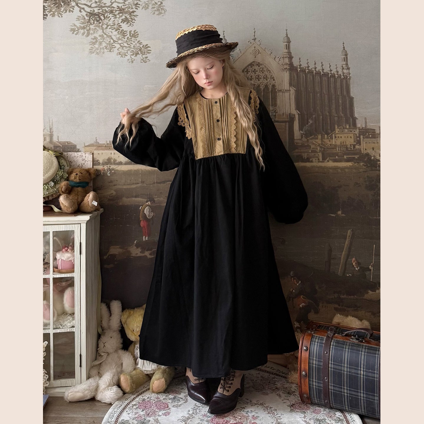 Kawaii Retro Lace Pleated Long Dress Cotton Puff Sleeve - Labeau | Land ...